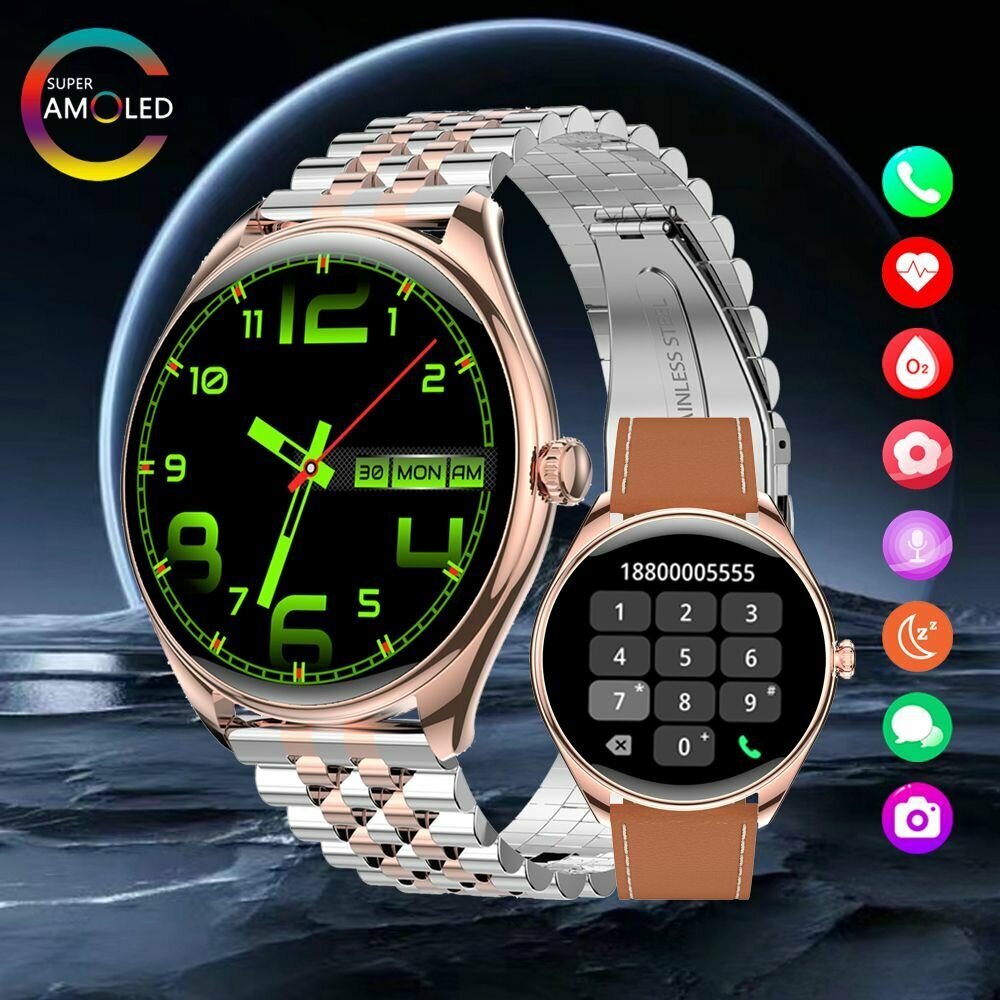 2024 Ультратонкий Cмарт часы женские мужские круглые золото, с функцией вызова по Bluetooth, амолед, на андроид/IOS, частота пульса,