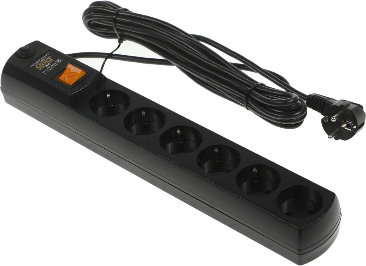 Сетевой фильтр Most Н6-Ч 5М, черный, 6 розеток, 5 м, 2200 Вт