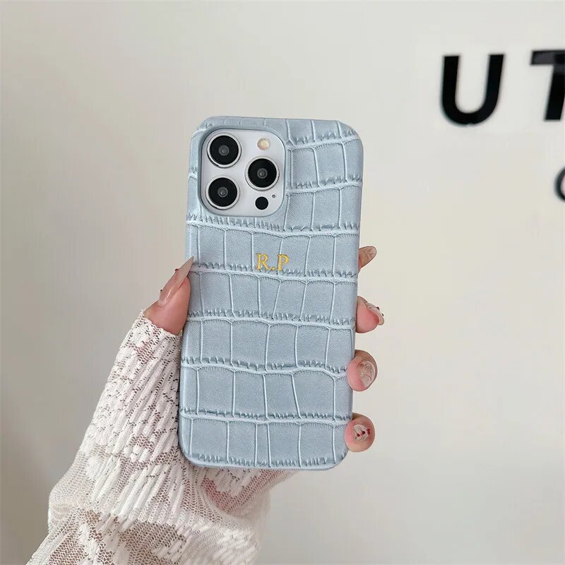 Персонализированные роскошные кожаные чехлы из искусственной кожи с baby blue gold, for 14pro