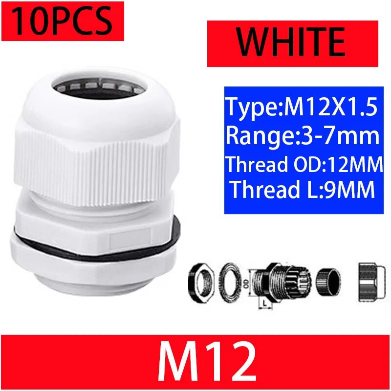 Водонепроницаемые кабельные вводы нейлон M8-M32 IP67 M12 White