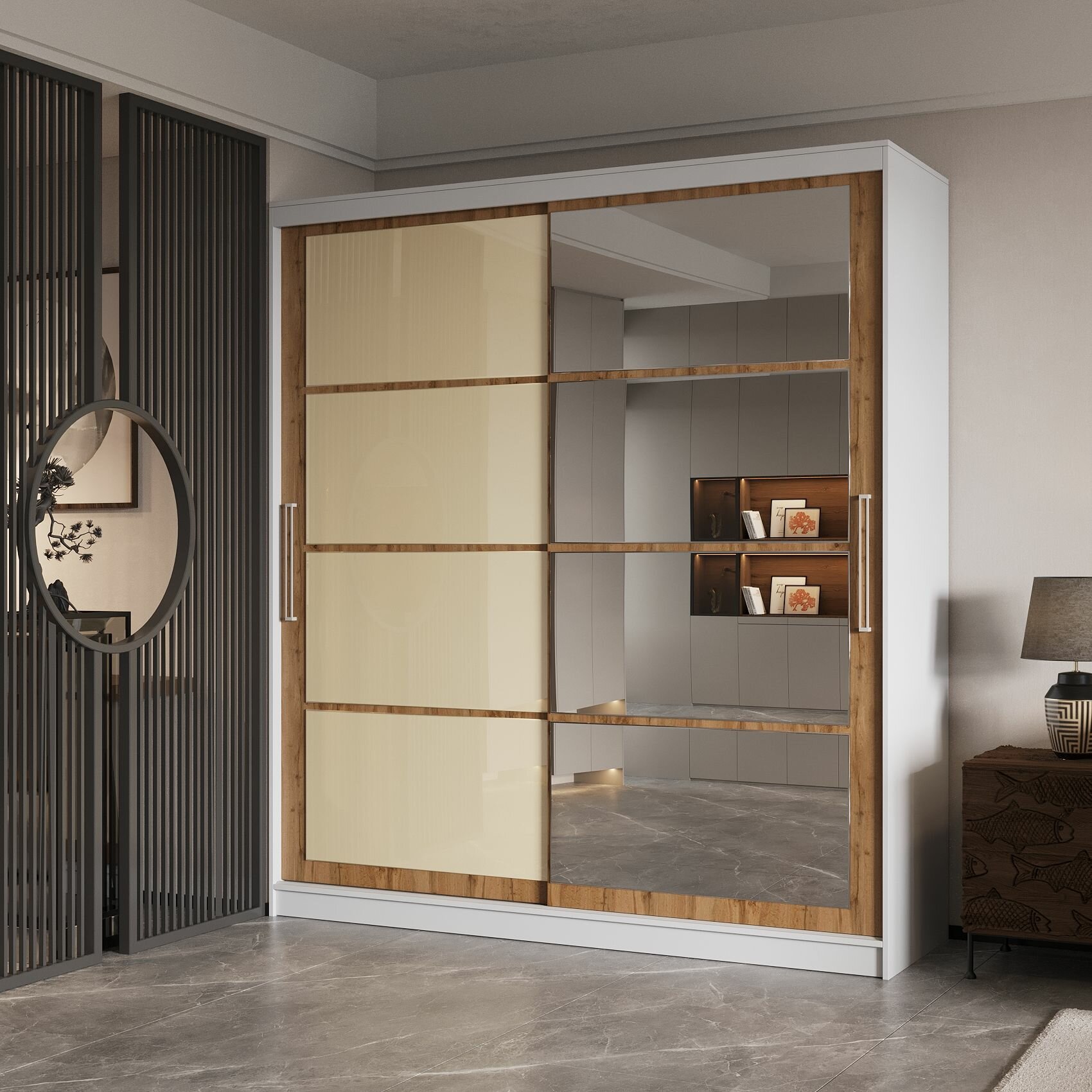 Шкаф-купе гранд ЛДСП 1,6м белый/дуб вотан лакобель с зеркалом