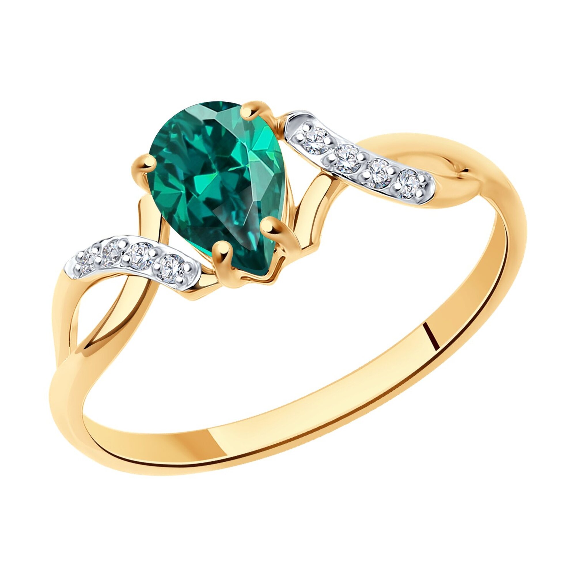 Кольцо, красное золото, 585 проба, изумруд синтетический, фианит