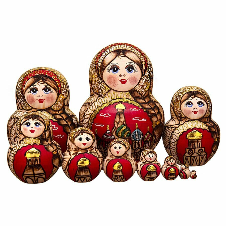 Матрешка деревянная авторская жженка золото Москва 10 мест 19 см