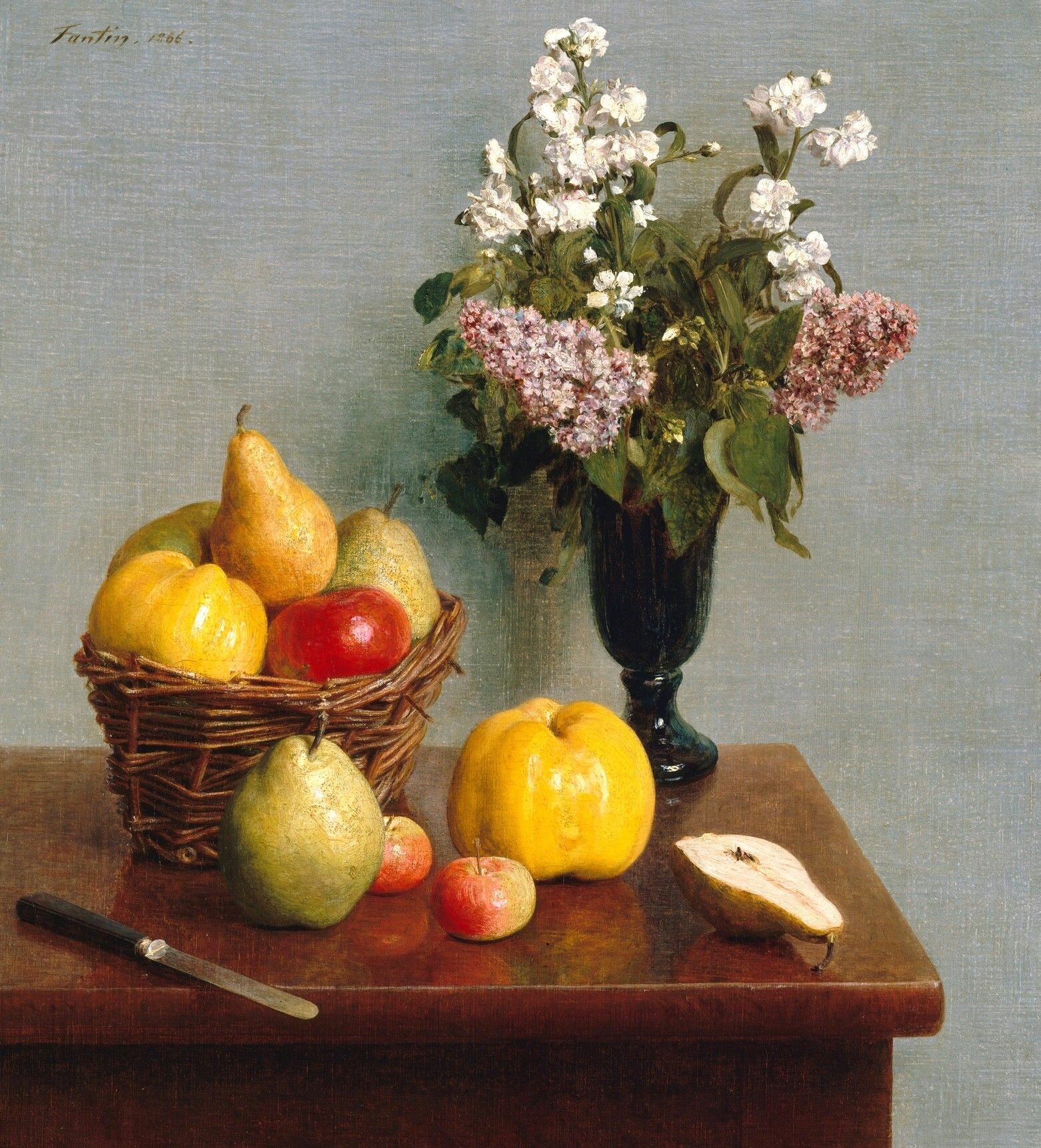 Картина Анри Фантен-Латура Натюрморт с цветами и фруктами 55х60 см