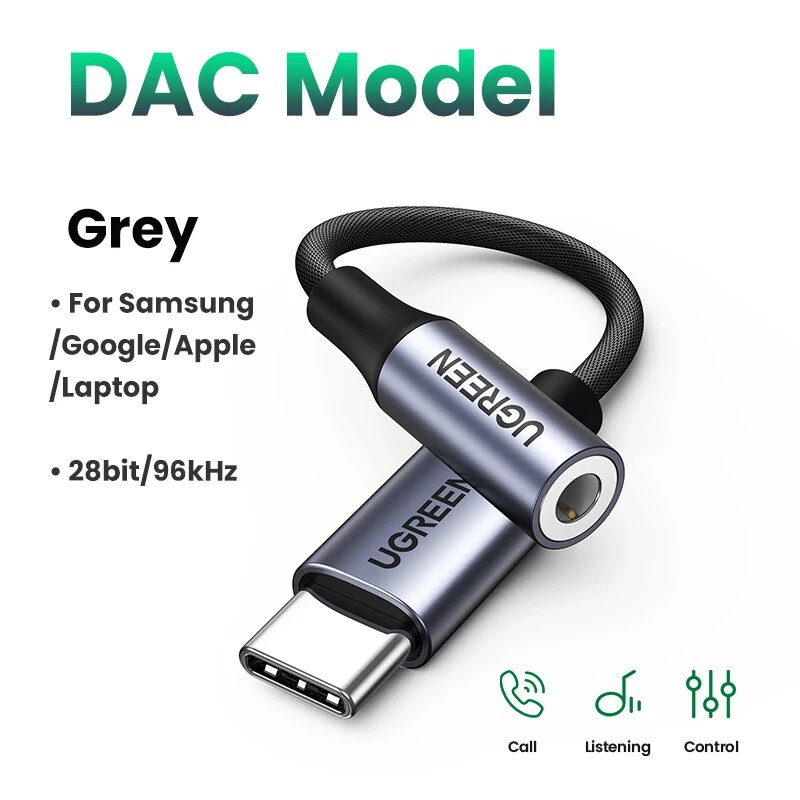 UGREEN Адаптер USB Type-C на 3,5 мм, DAC Model Grey, 10-12cm