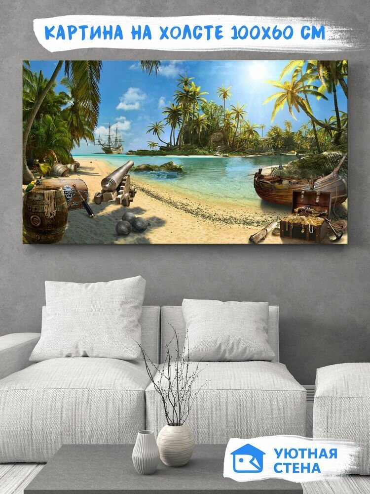 Картина на натуральном холсте Уютная стена "Пиратский остров с пальмами" 100х60 см