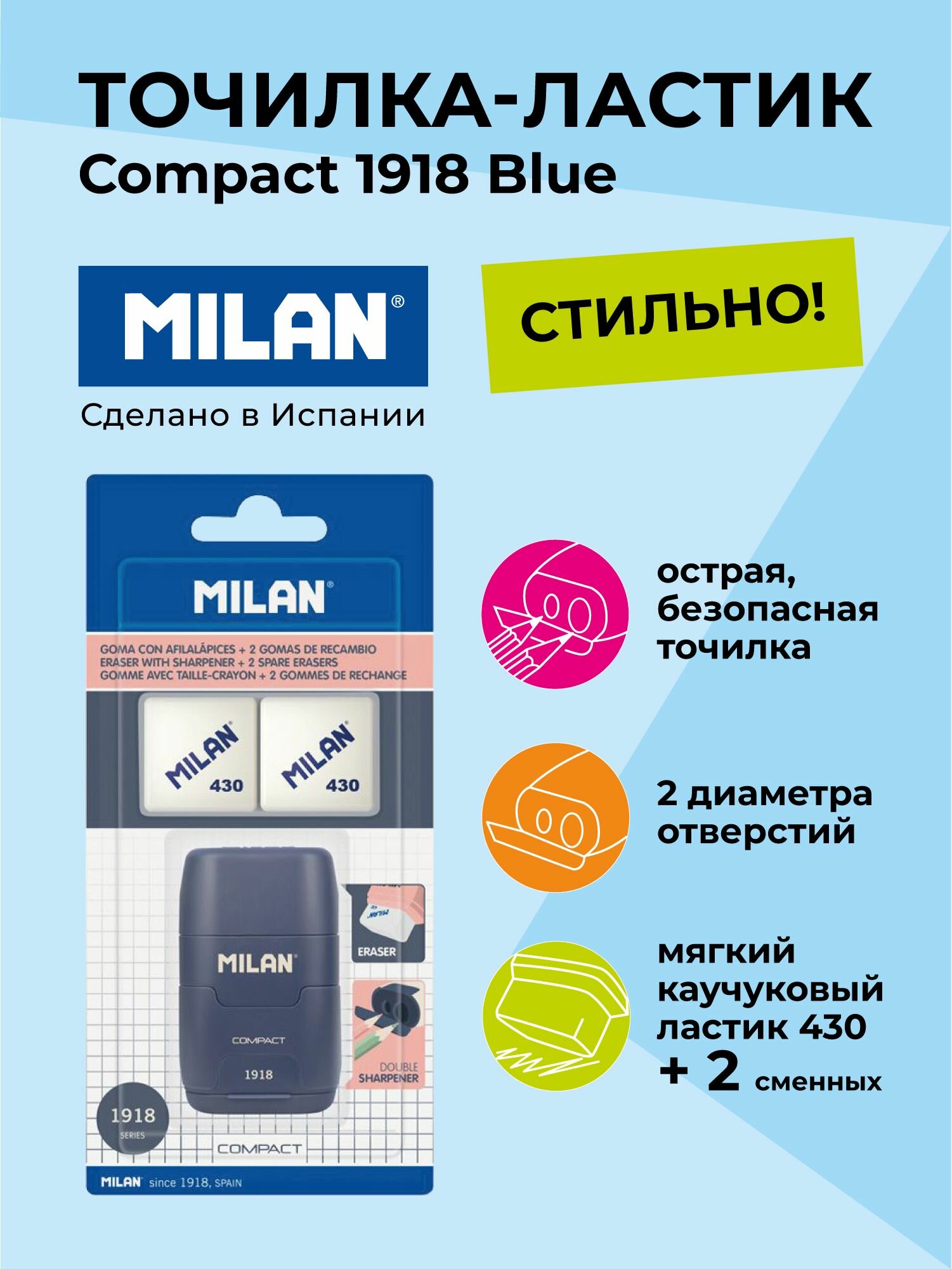 MILAN набор: ластик и точилка для карандашей COMPACT + 2 запасных ластика, синий BYM10140SNCB