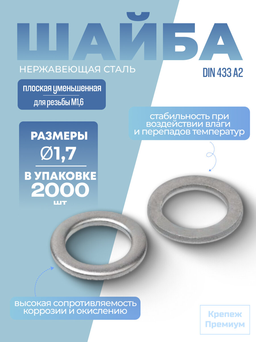 Шайба DIN 433 А2 1,7 [для резьбы M1,6] плоская уменьшенная в упак 2000 шт