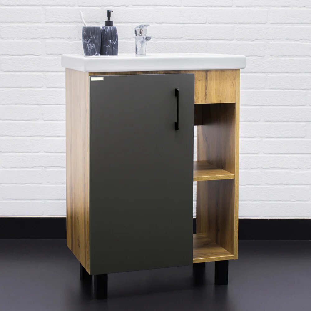 Тумба с раковиной Домино Craft 60 напольная, дуб вотан, графит