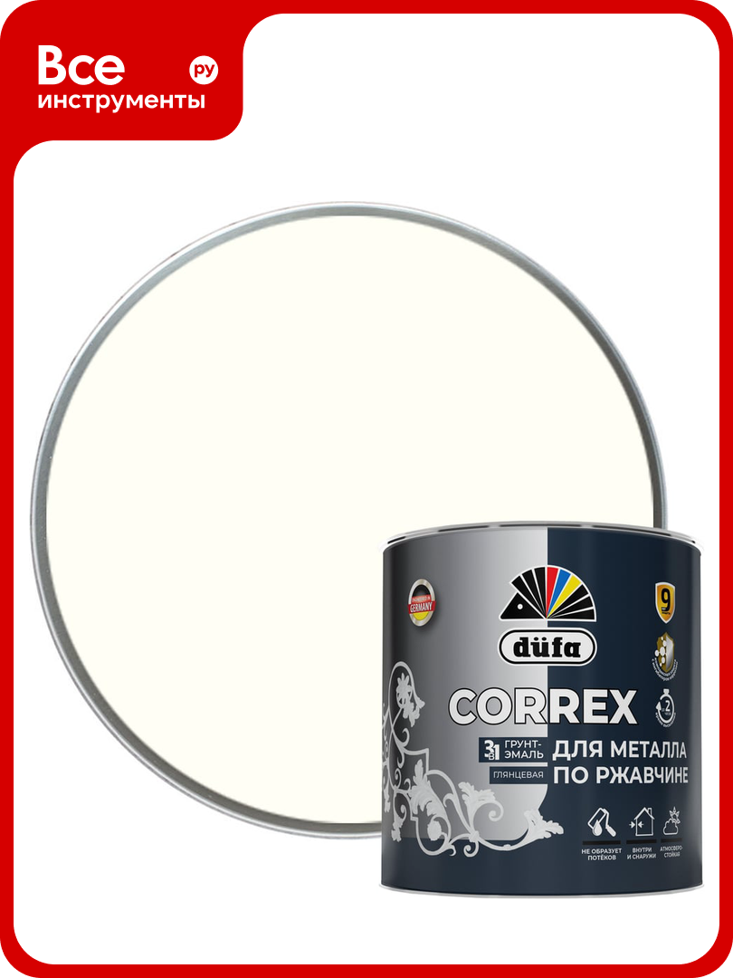 Грунт-эмаль Dufa CORREX 3 в 1 для металла по ржавчине RAL-9010 белый МП00-013657 2 л, для использования как внутри