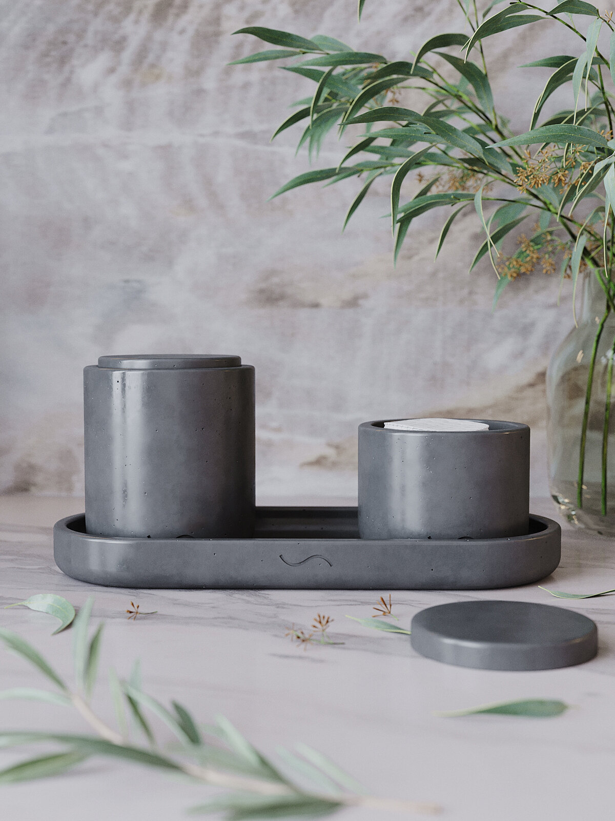 Набор для ванной №11 (поднос S, 26х11 см, подставки для ватных палочек и дисков XS + S), бетон, графит глянцевый