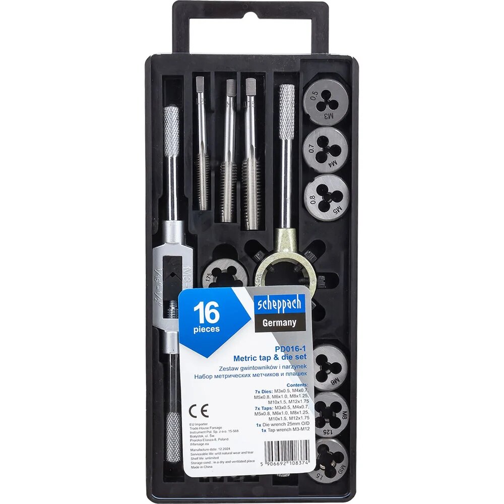 Scheppach Набор метчиков и плашек метрический 16 предметов (М3x0.5, М4x0.7, М5x0.8, М6x1, М8x1.25, М10x1.5, М12x1.75) Sch-PD016-1(64899)