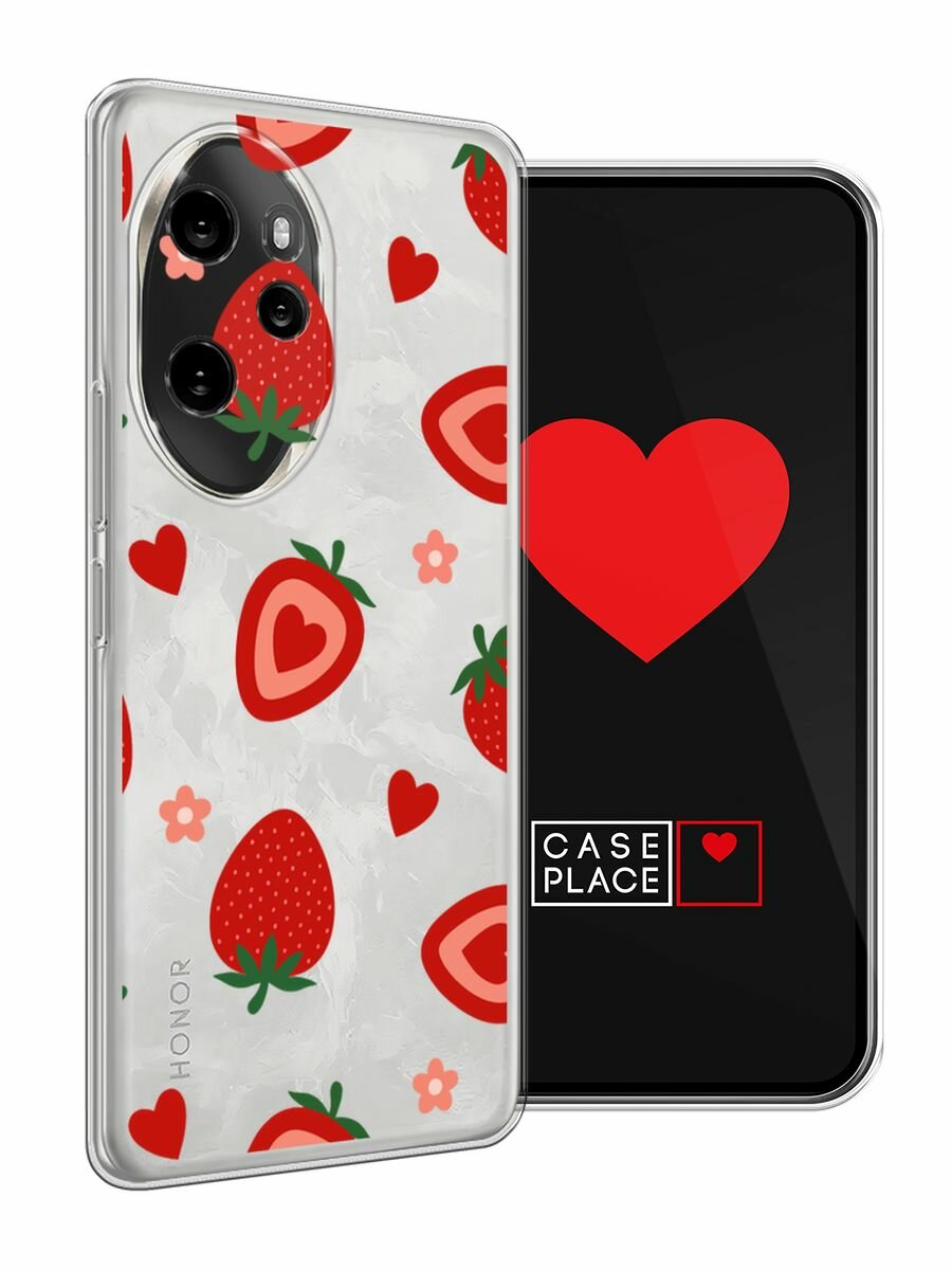 Чехол на Honor 100 Pro / Хонор 100 Про с принтом "Heart strawberries 2 - 14 февраля", прозрачный — фото 1