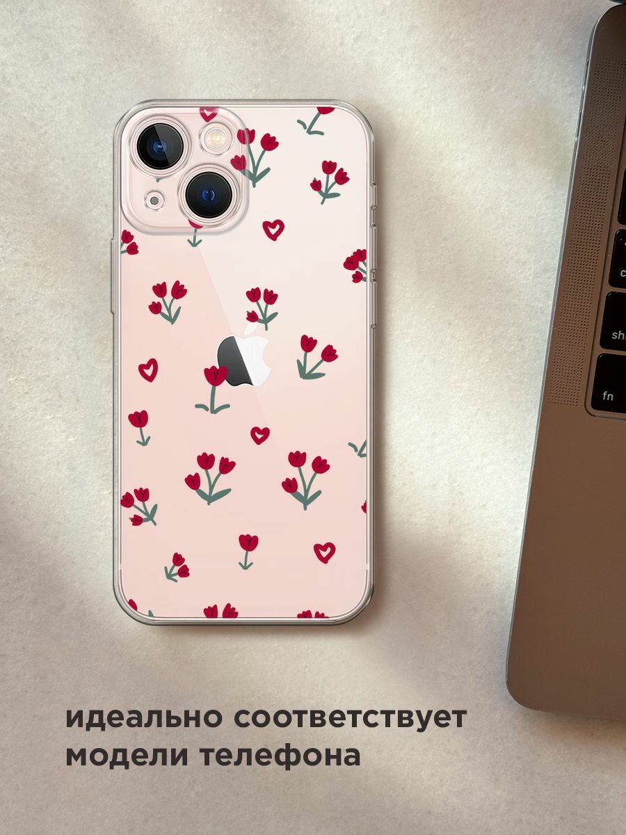Чехол на Apple iPhone 13 mini / Айфон 13 мини с принтом "Красные тюльпанчики", прозрачный — фото 1