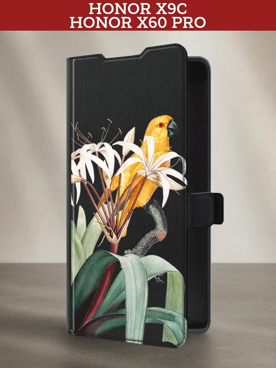 Чехол-книжка на Honor X9C/Honor X60 Pro / Хонор Х9С/Хонор Х60 Про с рисунком "Цветок с попугаем"