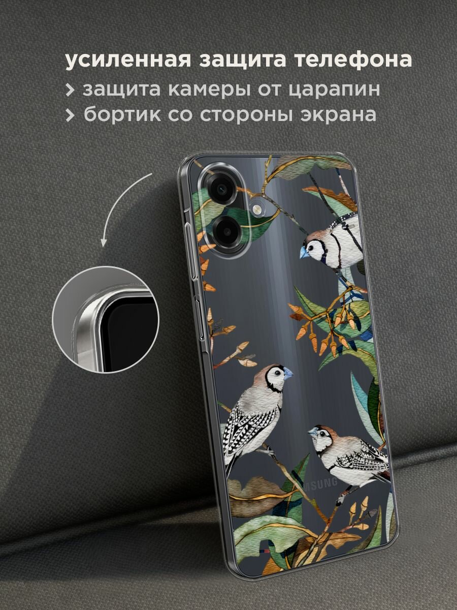 Чехол на Samsung Galaxy A07 / Самсунг А07 с принтом "Птицы в листве", прозрачный — фото 1