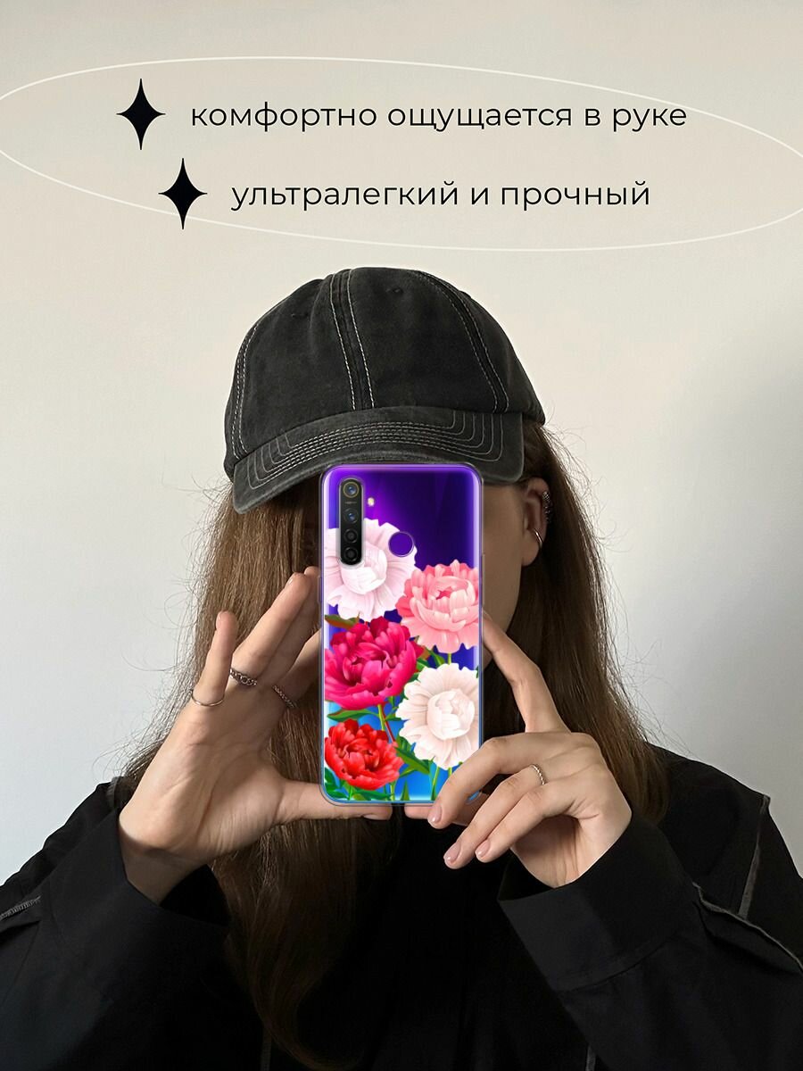 Чехол на Realme 5 Pro / Реалми 5 Про с принтом "Большие пионы", прозрачный — фото 1