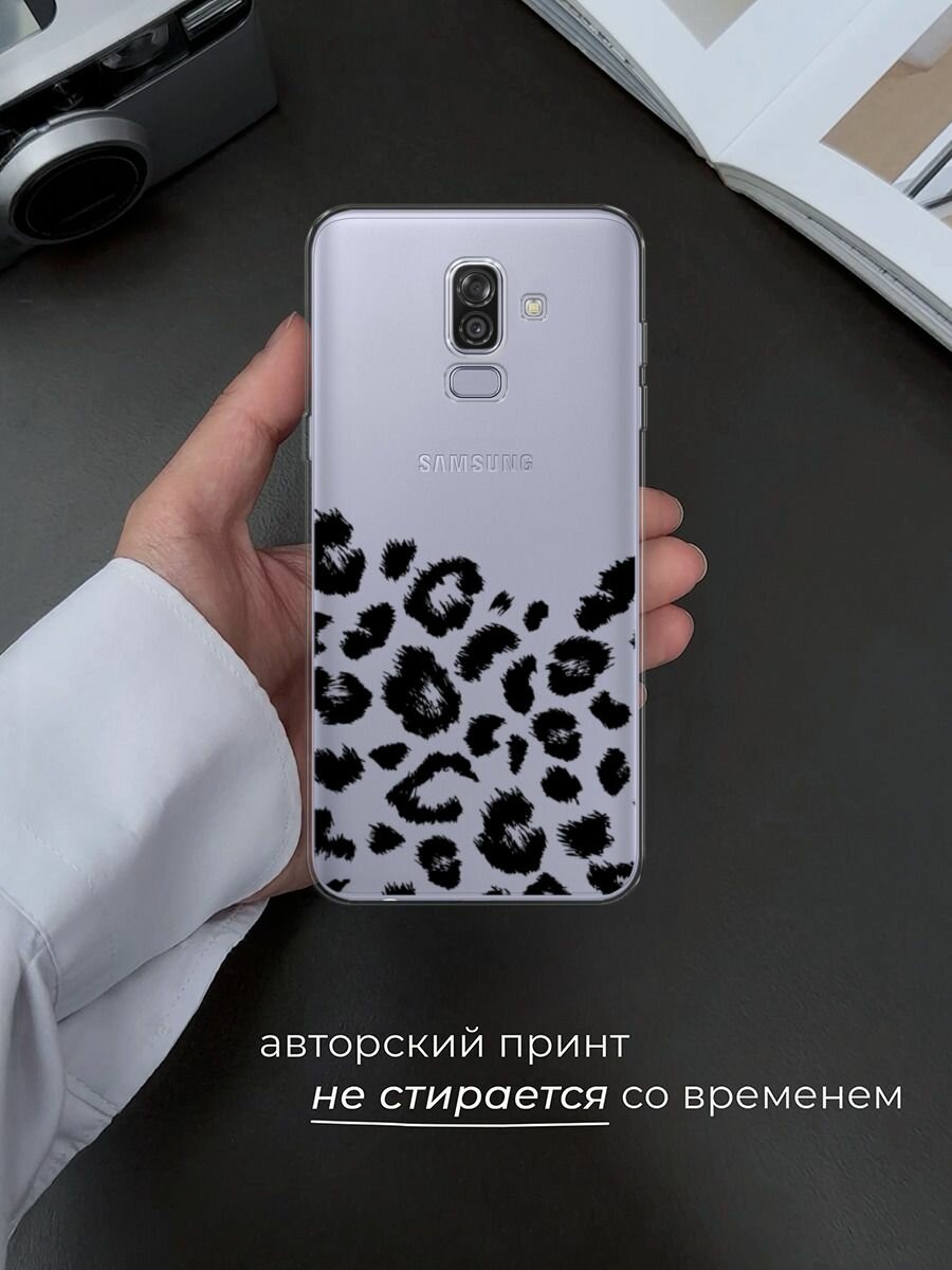 Чехол на Samsung Galaxy J8 / Самсунг Галакси Джей 8 с принтом "Окрас леопарда фон черный", прозрачный — фото 1