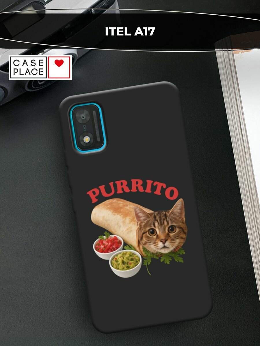 Черный матовый чехол на Itel A17 / Ител А17 с принтом "Purrito"