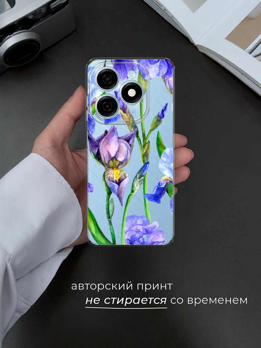 Чехол на Tecno Spark 20 / Текно Спарк 20 с принтом "Синие ирисы", прозрачный — фото 1