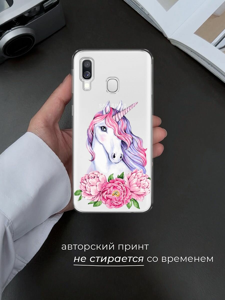 Чехол на Samsung Galaxy A40 / Самсунг Галакси А40 с принтом "Единорог с пионами", прозрачный — фото 1