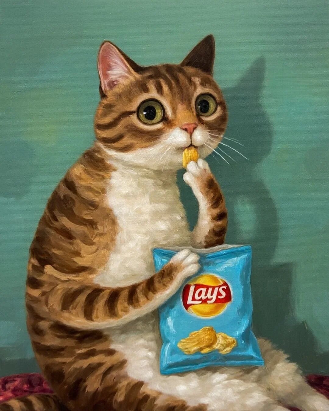 Живопись "Щенок ест пиццу", печать на холсте Мятный, 50x70cm no frame