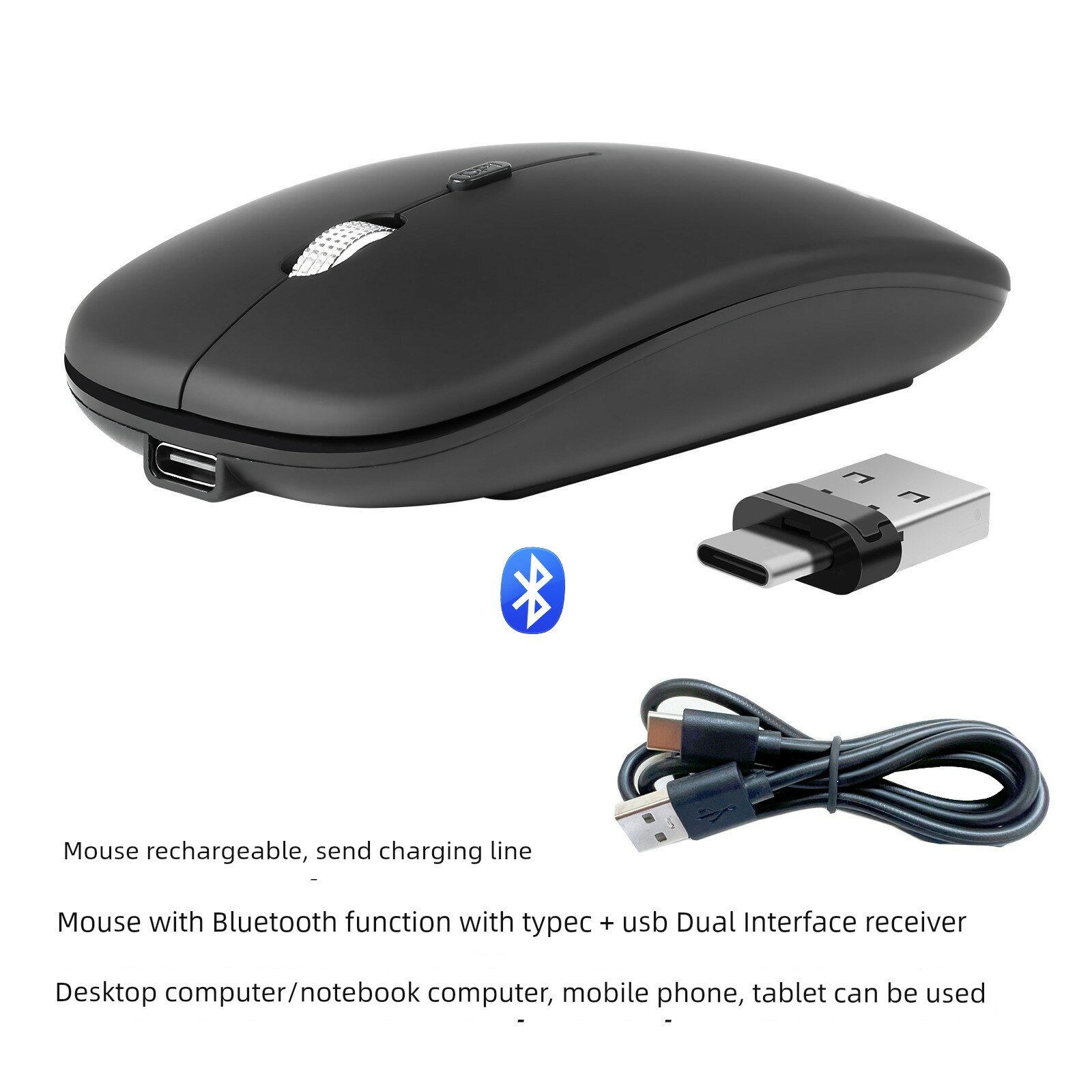 Беспроводная Bluetooth-мышь для ноутбуков Apple MacBook Pro, бесшумная, модели M1, M2, M3, M4 Черная модель с 3