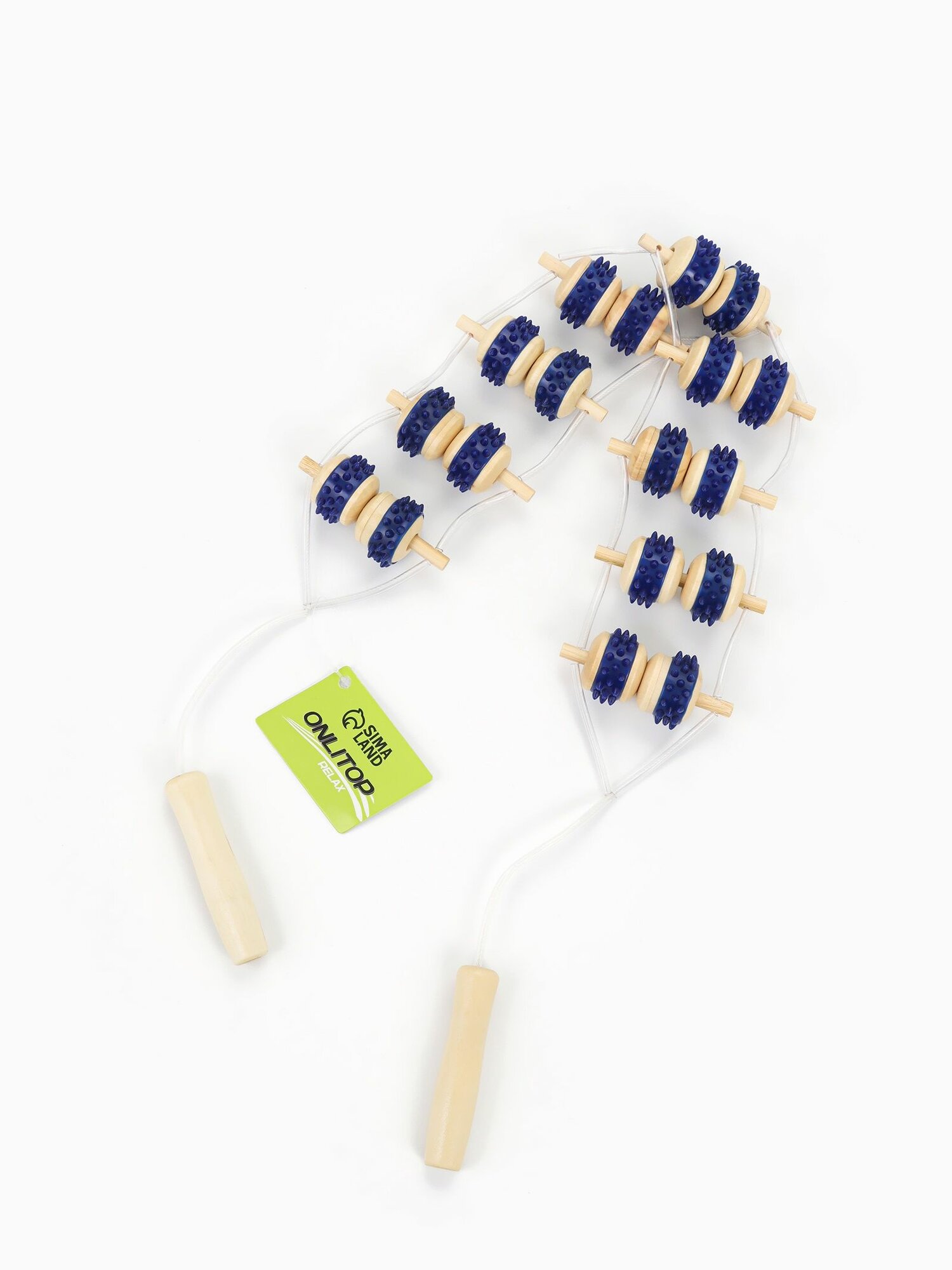 Массажёр-лента, 9 звеньев, деревянный, с шипами, 84 х 7,5 х 3 см, цвет синий/бежевый