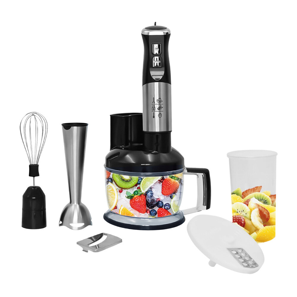 Блендер ручной погружной 6-в-1 3-скоростной 1500Вт с стаканом для смешивания, чашей для нарезки, венчиком для яиц, ножом из нержавеющей стали черного цвета для детского питания, смузи, соусов 220В