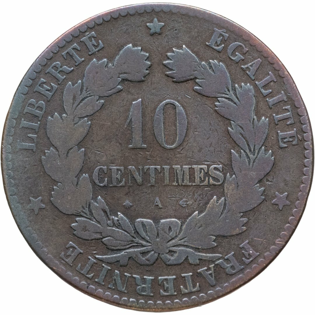Франция 10 сантимов centimes 1874 A знак монетного двора: "A" - Париж, Бронза, в сохранности F