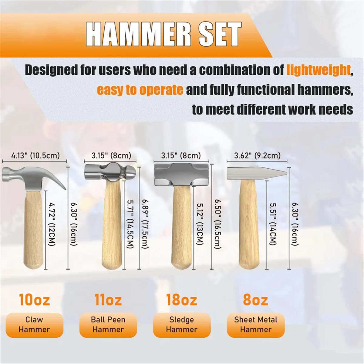 ABXHH Набор небольших молотков из 4 предметов, головка из кованой и полированной стали, короткая деревянная ручка, молоток на 10 унций, шариковый молоток на 11 унций