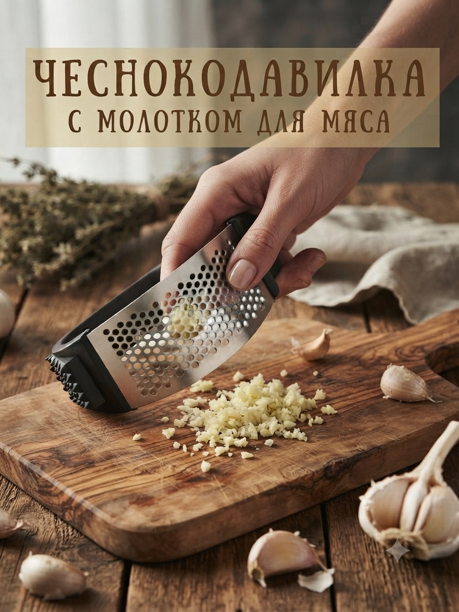 Чеснокодавилка пресс терка для чеснока с молотком для отбивания, черный