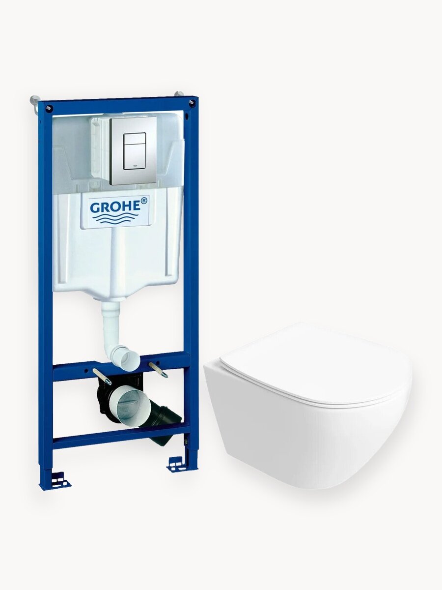 Комплект 4 в 1: Инсталляция Grohe Rapid SL 38775001 / Унитаз подвесной Кронборг S28401WH безободковый / Сиденье с микролифтом, Кнопка Skate Cosmopolitan хром (инсталляция с унитазом комплект)