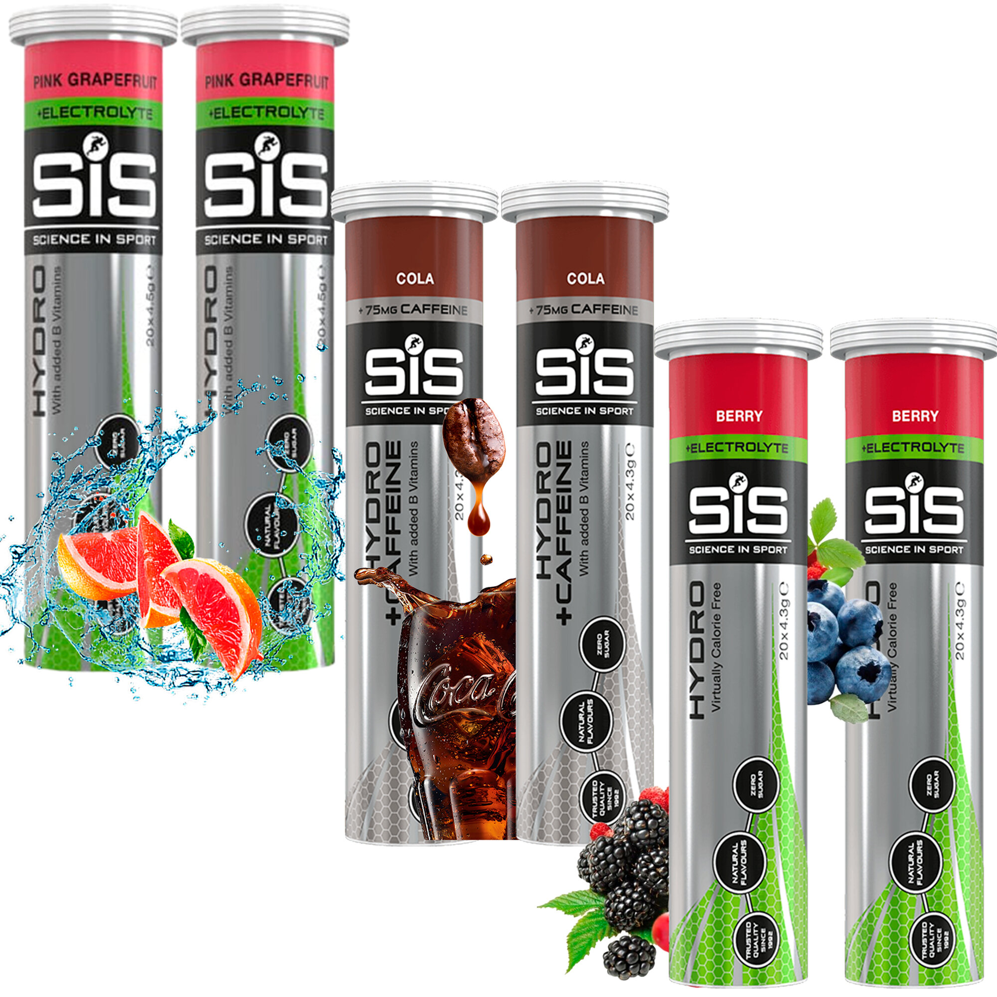 Изотоник SCIENCE IN SPORT (SiS) GO Hydro Tablet 20s 6 x 20 таблеток, Розовый грейпфрут, Кола, Ягоды