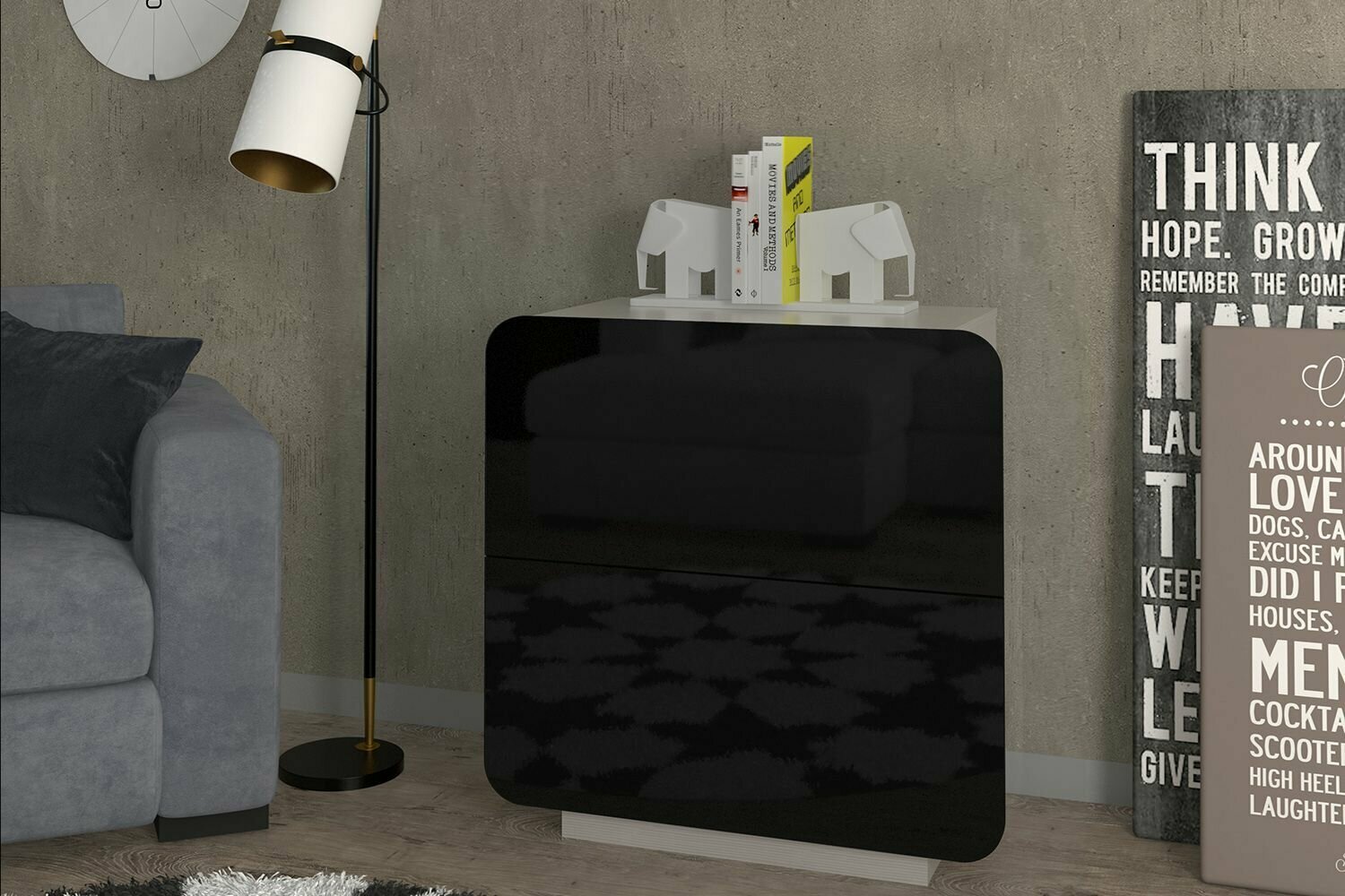 Комод Вестерн-2 90х45х90 глянец черный BS 1314-55, корпус белый гладкий, push to open