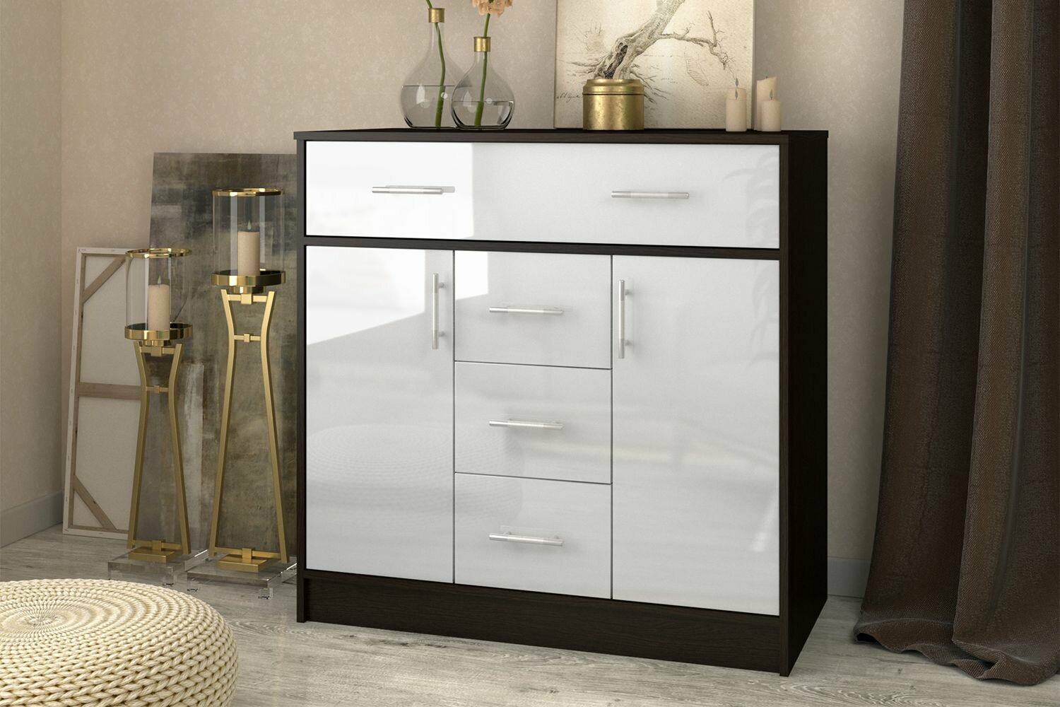 Комод Бонапарт 4 МДФ глянец белый DM635-6, корпус венге цаво