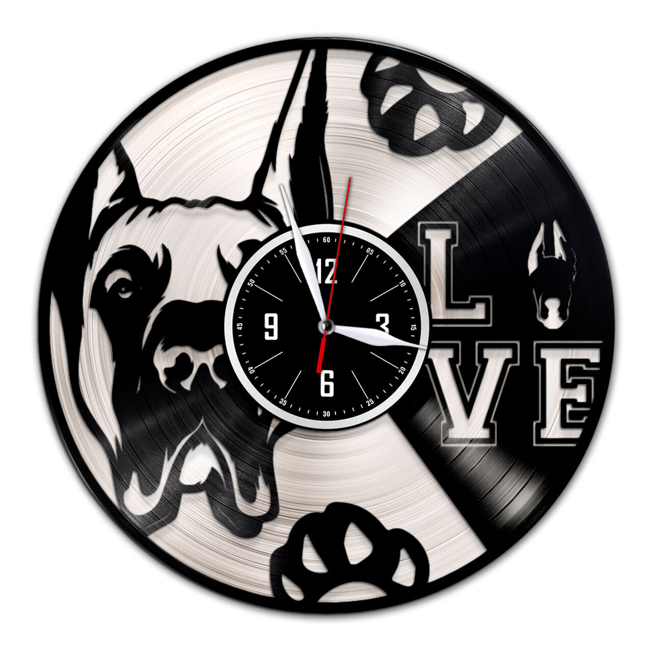 Немецкий дог - настенные часы из виниловой пластинки (с серебряной подложкой)