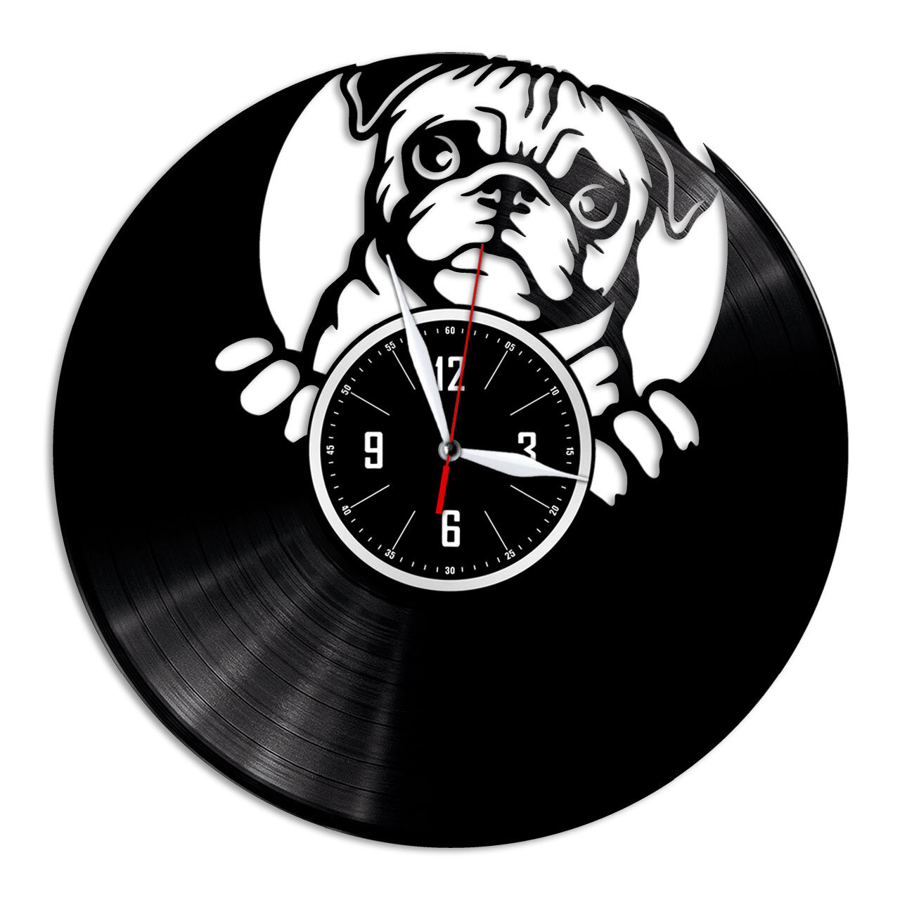 Мопс - настенные часы из виниловой пластинки, диаметр 30 см, VinylLab
