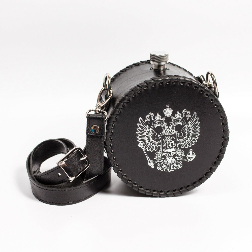 Фляга "Герб" круглая 1 л, обтянутая натуральной кожей