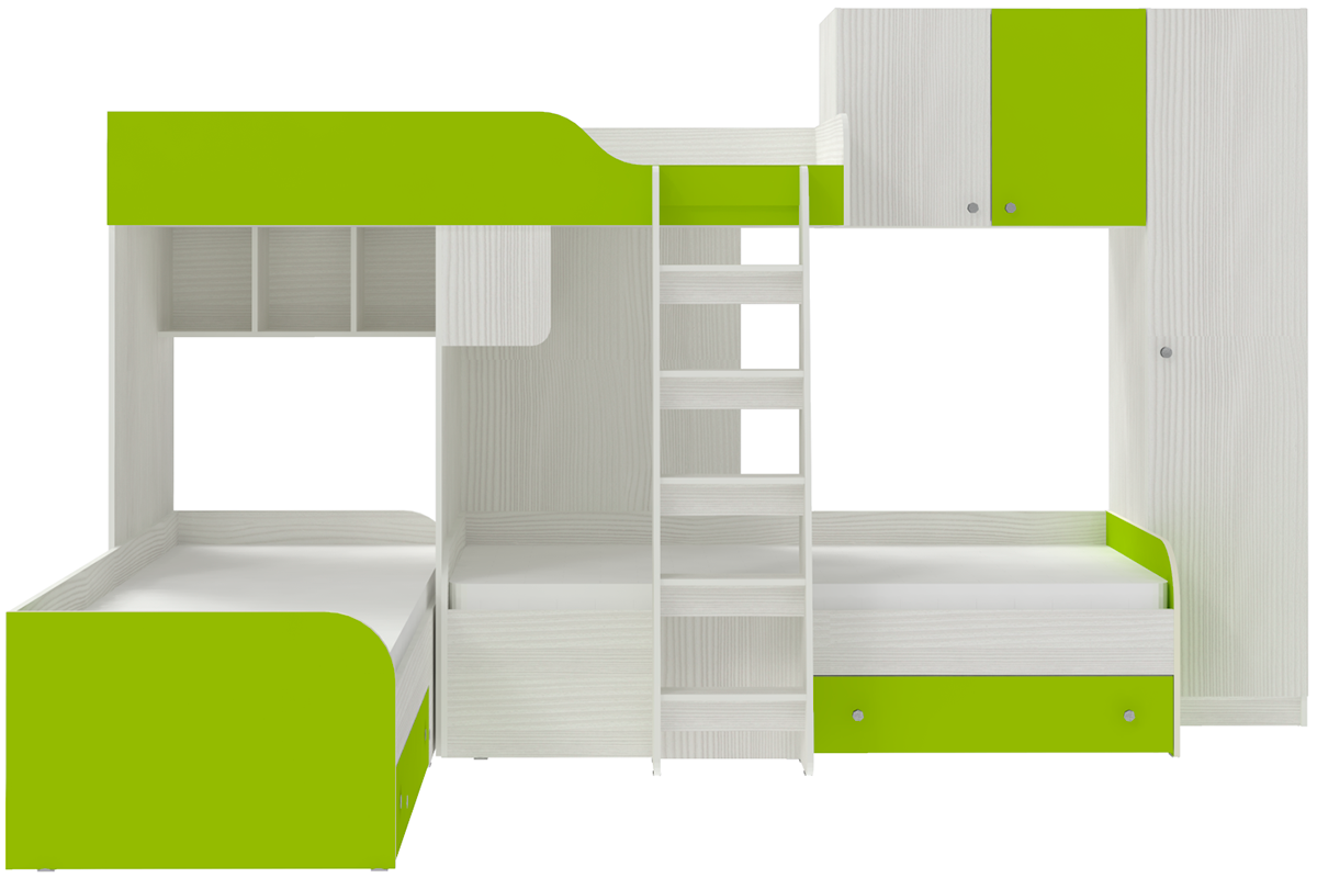 Кровать чердак Трио 2 Белое Дерево Лайм