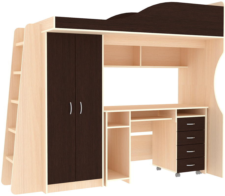 Кровать чердак "Квартет" с деревянной лестницей Дуб Молочный Венге
