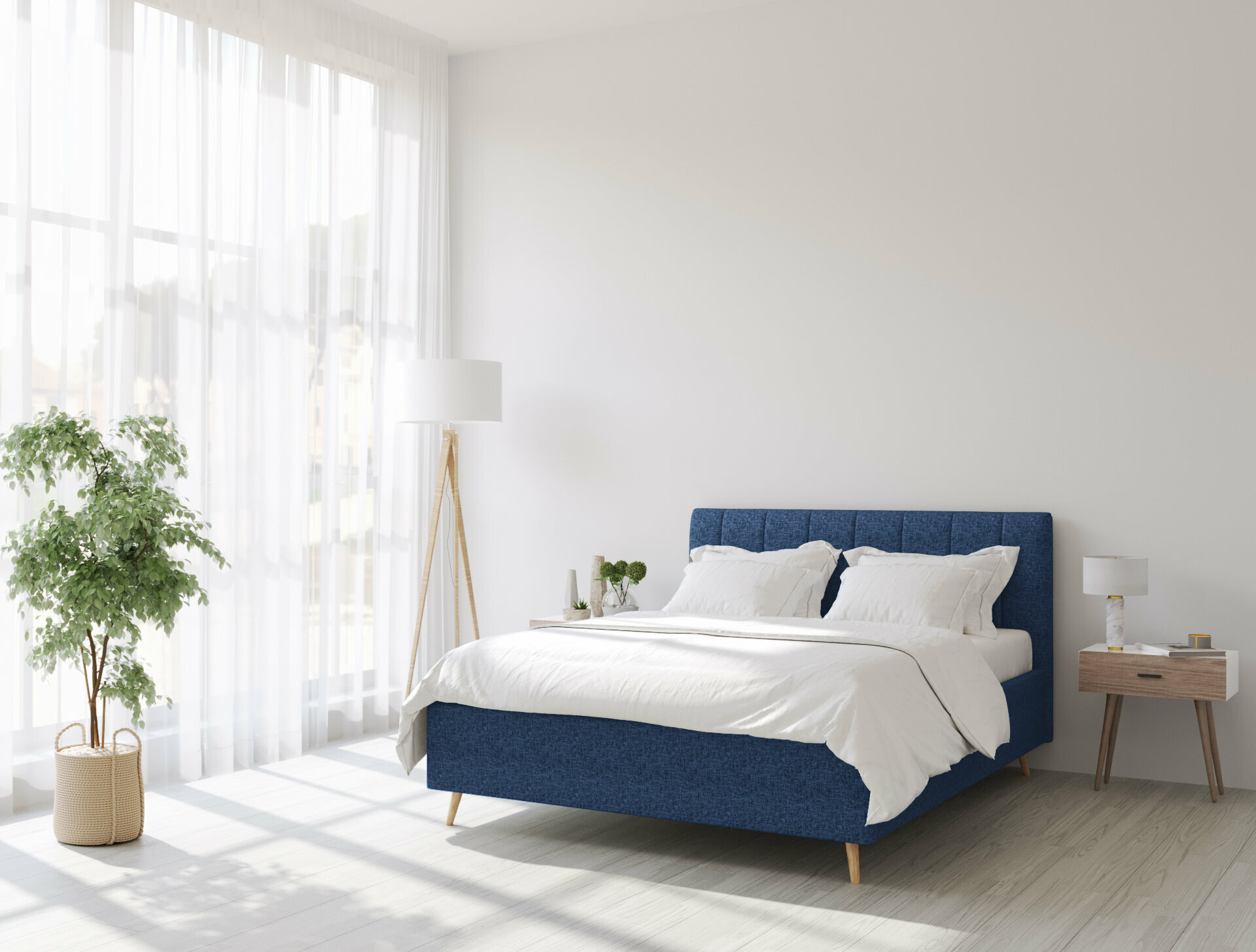 Двуспальная кровать 120х200, "York" с мягким изголовьем для дома, для спальни, ортопедическое основание. Рогожка Синий (без подъёмного механизма) Bingo 11