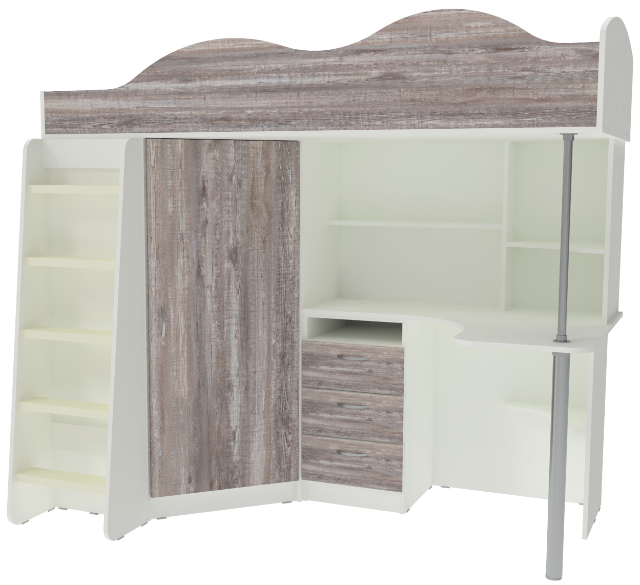 Кровать чердак Пионер с деревянной лестницей Белый Бетон