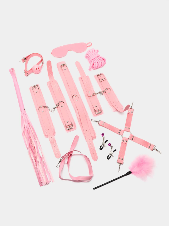 Набор БДСМ для ролевых игр: плетка, ошейник, маска, веревка, кляп, наручники, розовый