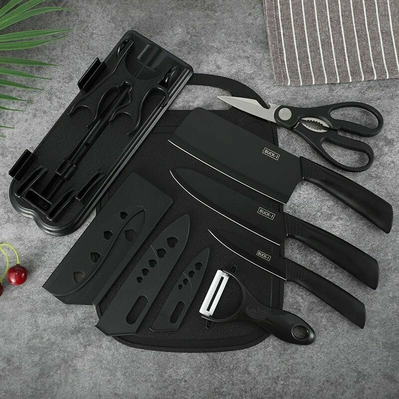 Набор кухонных ножей с подставкой / 7 предметов разделочная доска, набор ножей, ножницы, овощечистка, подставка