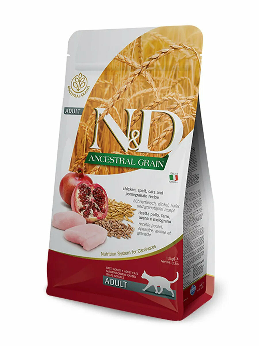Сухой корм Farmina N&D Ancestral Grain Chicken & Pomegranate Adult, для взрослых кошек, низкозерновой, курица и гранат, 1,5кг