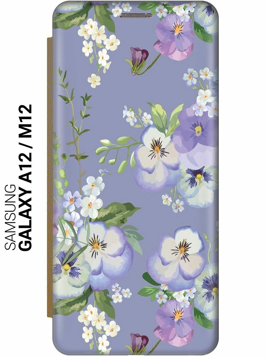 Чехол-книжка на Samsung Galaxy A12, M12, Самсунг А12, М12 c принтом "Цветочки на синем фоне" золотистый