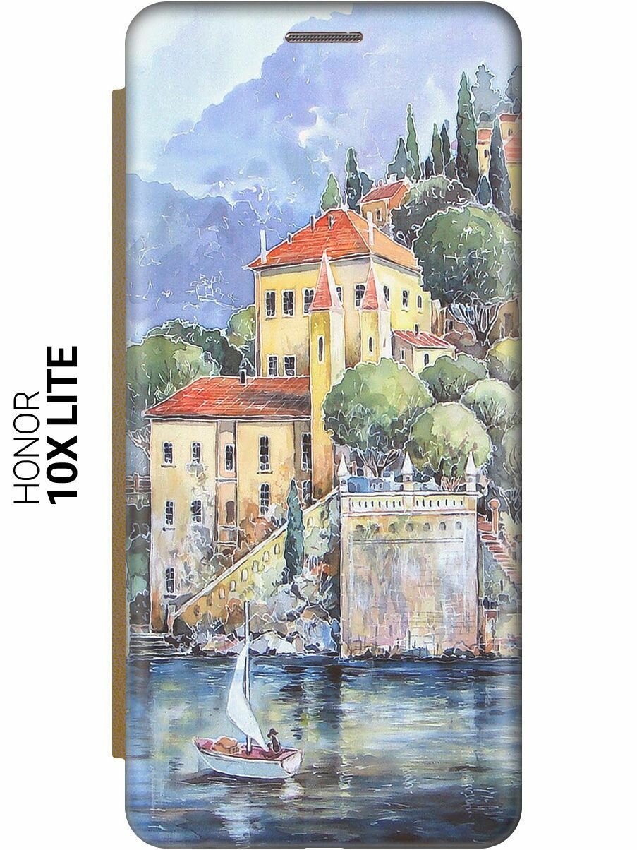 Чехол-книжка на Honor 10x Lite, Хонор 10Х Лайт c принтом "Город у моря" золотистый