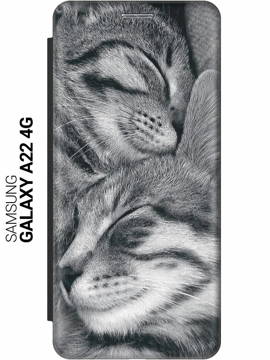 Чехол-книжка на Samsung Galaxy A22, M32, M22, Самсунг А22, М32, М22 c принтом "Милующиеся котики" черный
