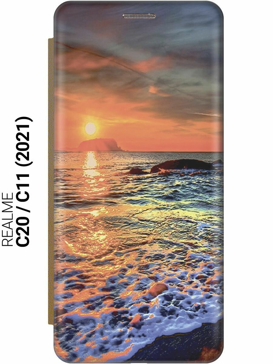 Чехол-книжка на realme C20, C11 (2021), Рилми С20, С11 (2021) c принтом "Закат на море" золотистый
